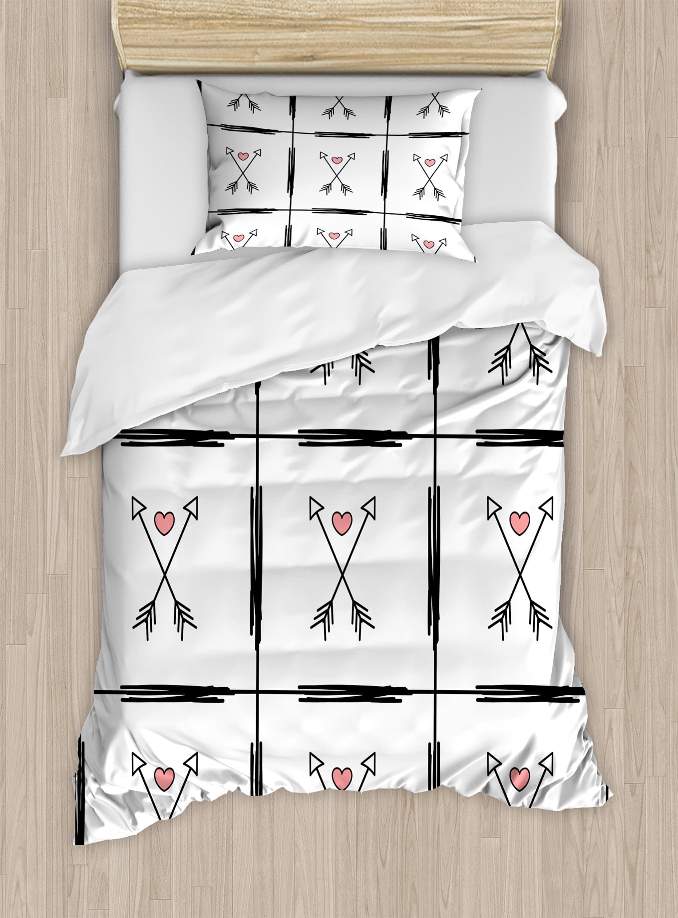 Arrow Duvet Cover Set, Hand Drawn Arrow Pattern with Little Hearts ...