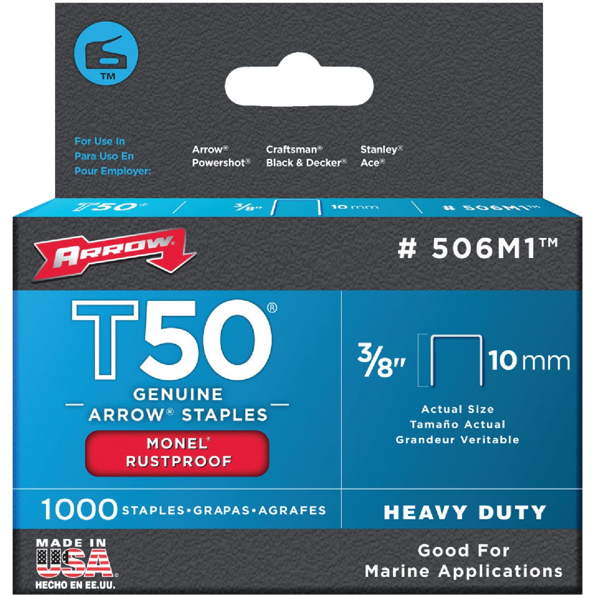 Arrow Fastener 506M1 Monel Rustproof T50 Staples 3/8", Stainless Steel ...