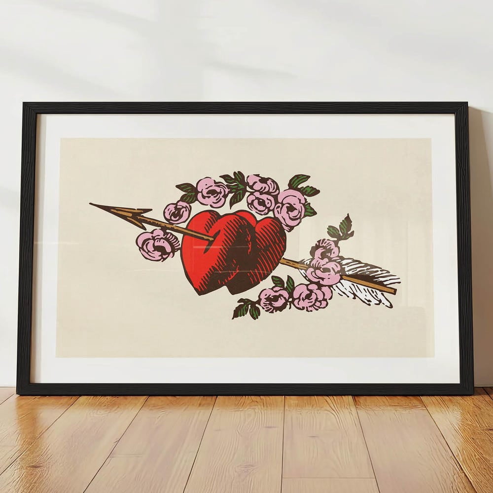 Arrow Hearts Print: Retro Valentine Art Rose Love Poster Holiday Decor ...