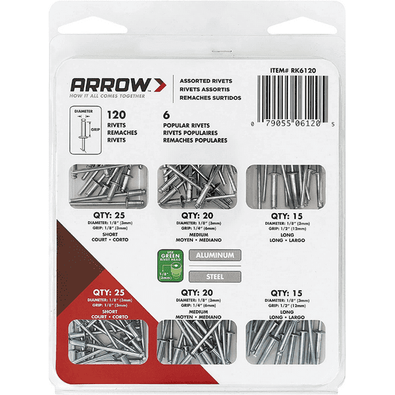 Arrow RK6120 Pop Rivet Assortment Kit, 1/8", 120-Pack - Walmart.com