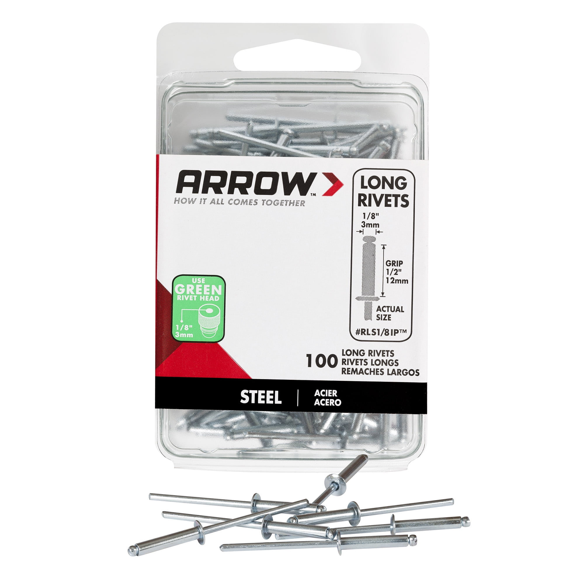 Arrow RLS1/8IP Long Steel 1/8" Rivets, 1/2" Thickness, 100-Pack ...