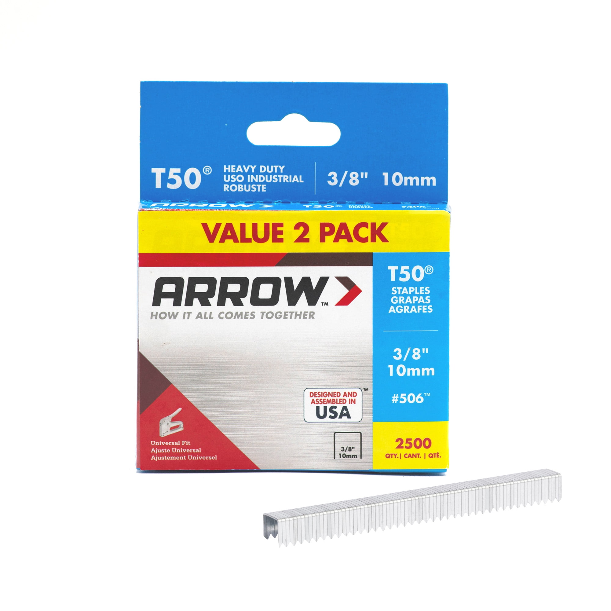 Arrow T50 3/8" Value 2-Pack Staples, 1250 Staples per Pack, New, For General Use and Heavy-Duty ...