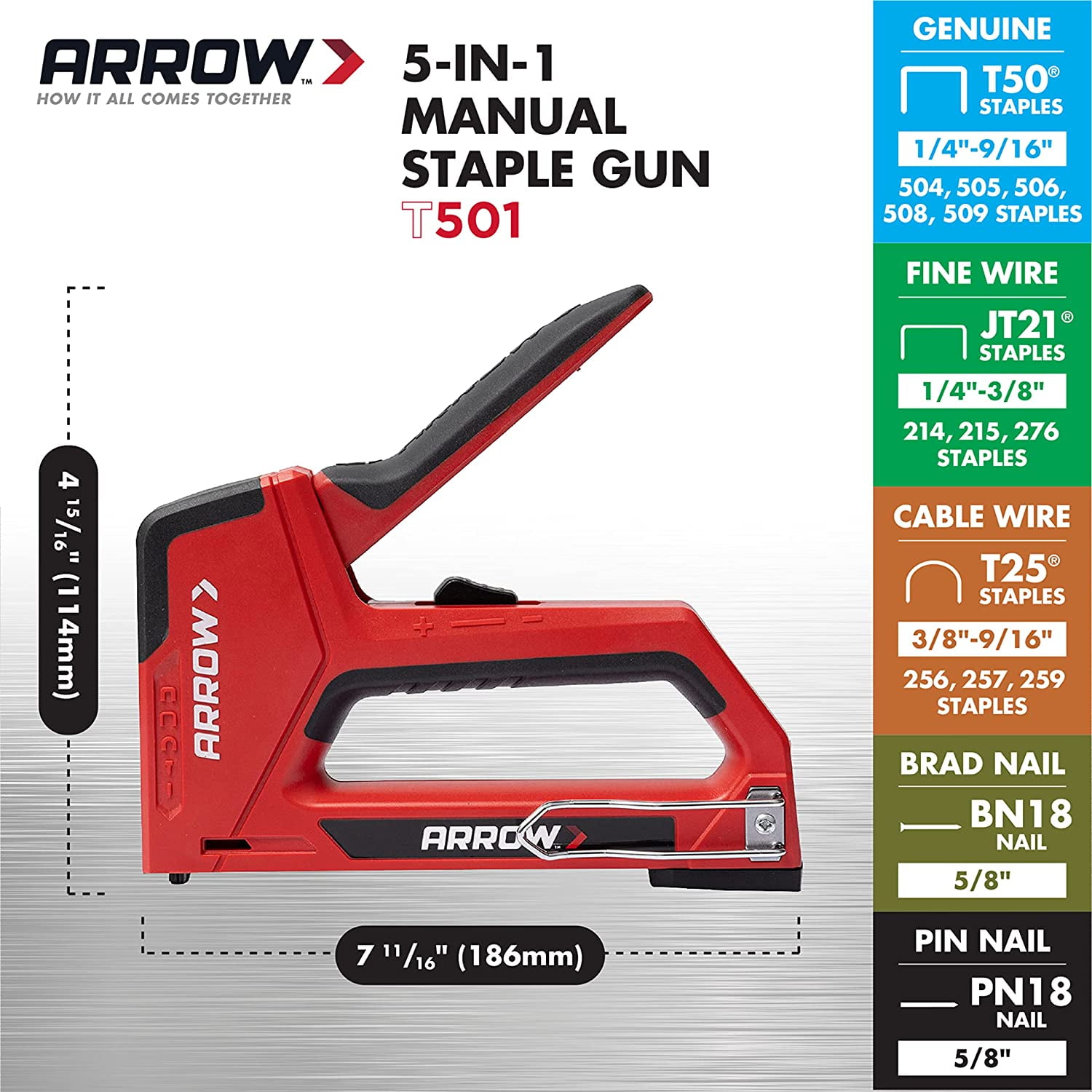 Arrow T501 5-in-1 Multi Tacker Manual Staple Gun, Compact, High and Low ...
