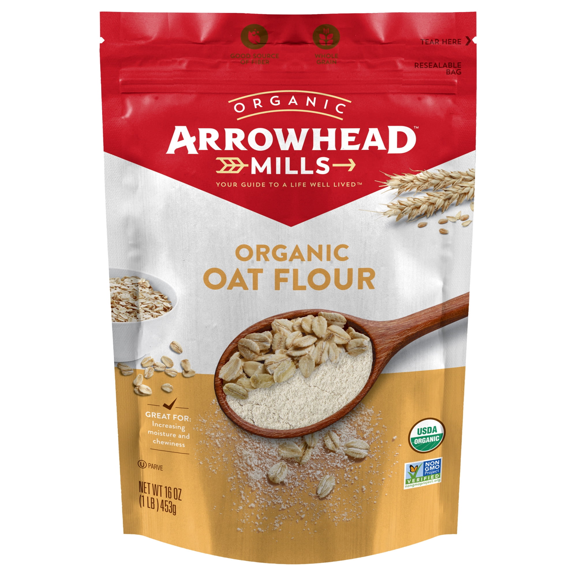 Arrowhead Mills Organic Whole Ground Oatmeal Flour, 16 oz Resealable ...