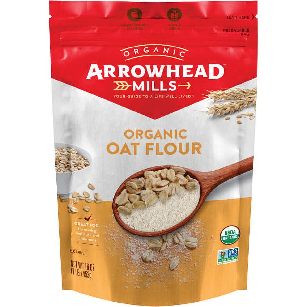 Arrowhead Mills Organic Whole Ground Oatmeal Flour, 16 oz Resealable ...