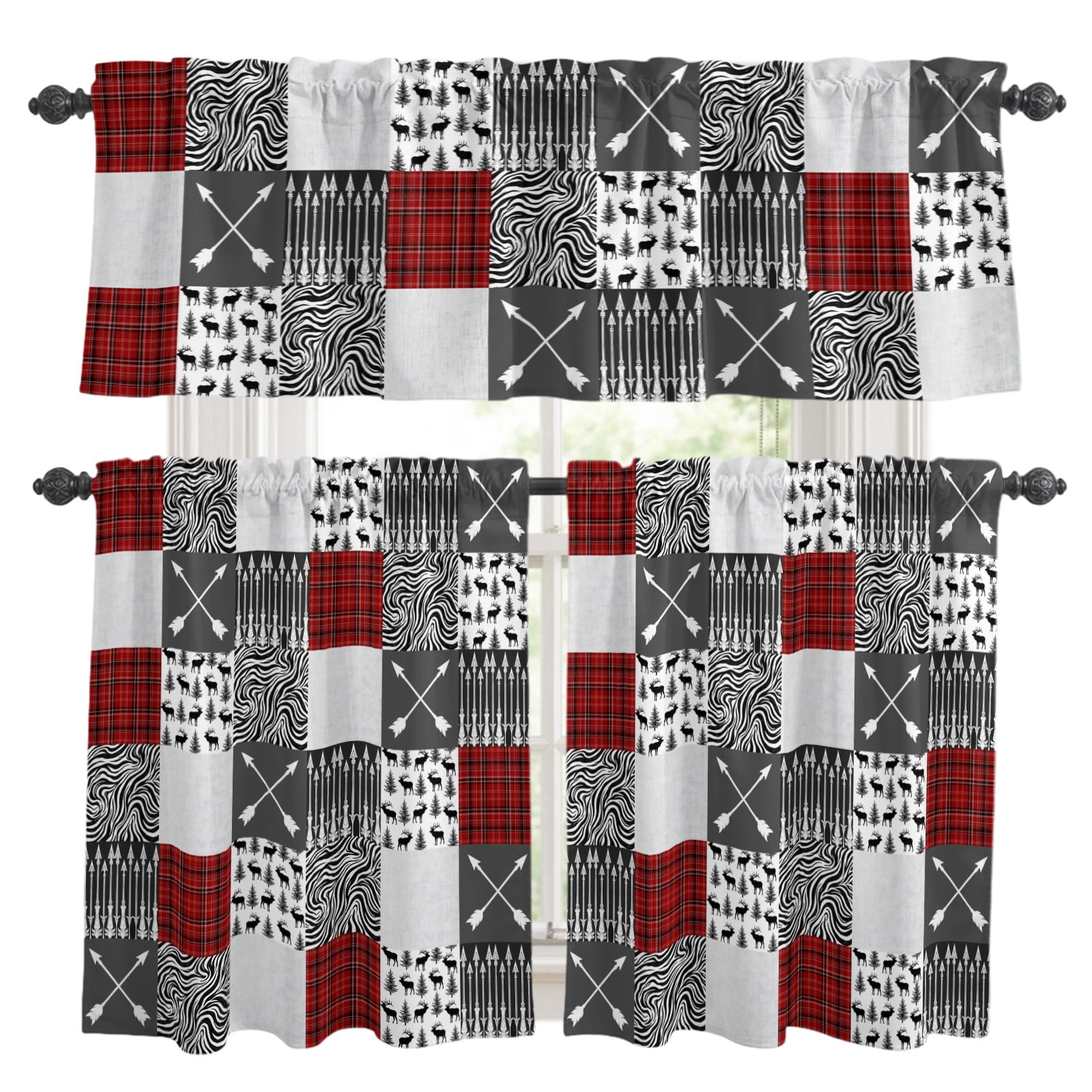 Arrows Zebra Stripes Kitchen Curtains Set for Windows, Forest Deer Red ...
