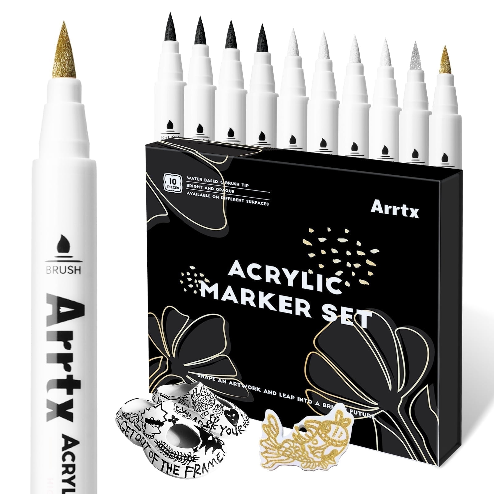 Arrtx 10Pcs Arcylic Paint Markers, Brush Tip Metallic Paint Pens for ...