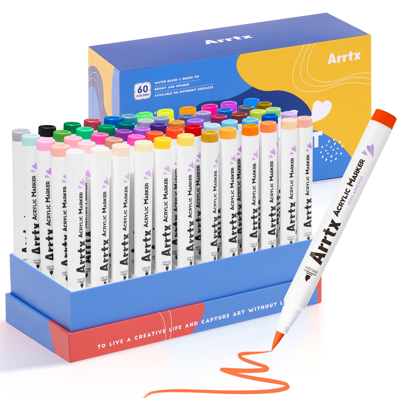 Arrtx 60 Colors Pro Acrylic Paint Pens, Brush Tip, Waterproof, Non ...
