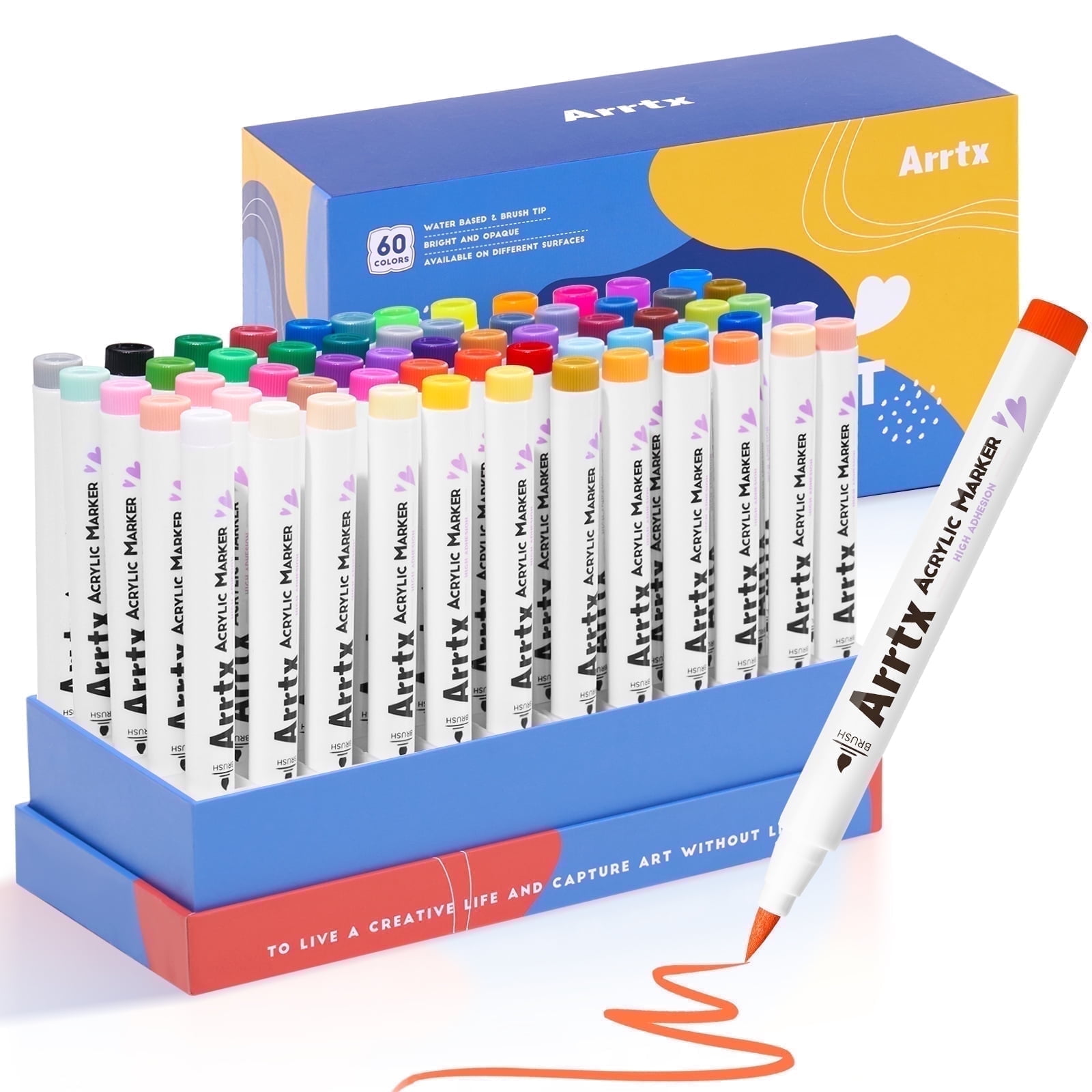 Arrtx 60 Colors Acrylic Paint Markers, Brush Tip Pens, Waterproof ...