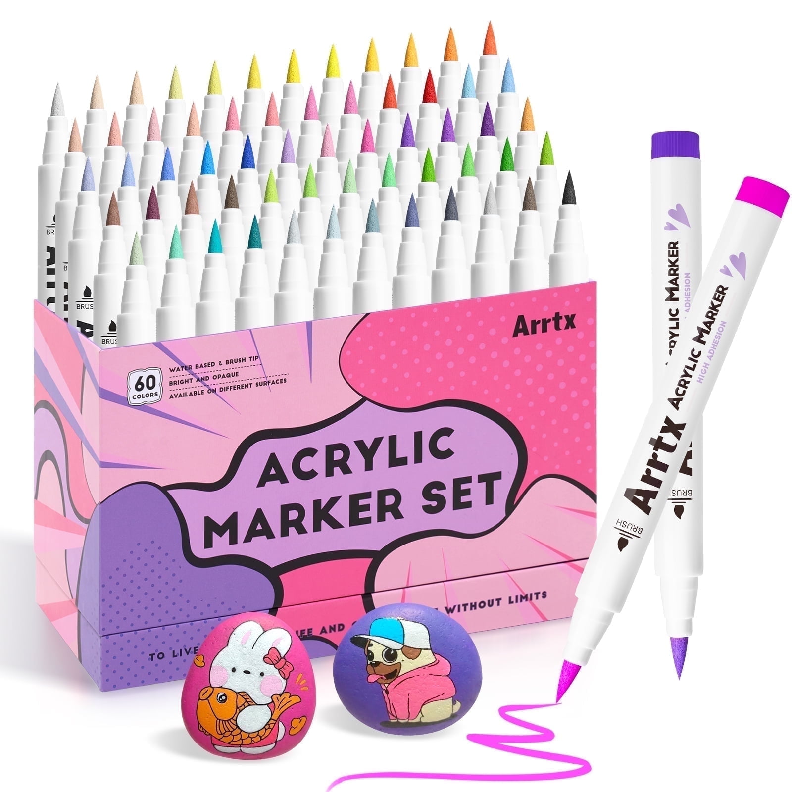 Arrtx 60 Pcs Acrylic Paint Markers, Brush Tip Water-Based, Quick Dry ...