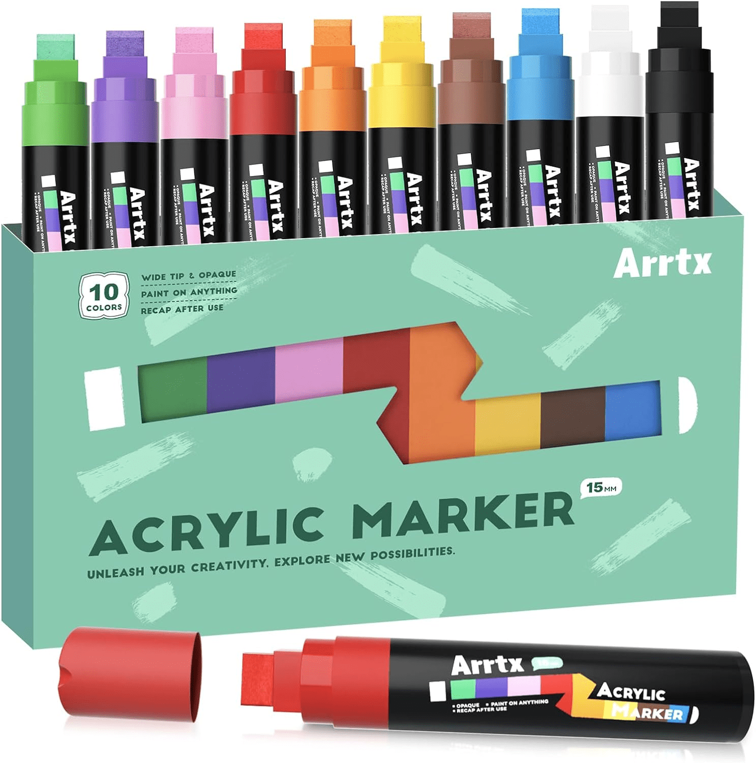 Arrtx Acrylic Paint Markers, 15mm Felt Tip Jumbo Painting Markers, 10 ...