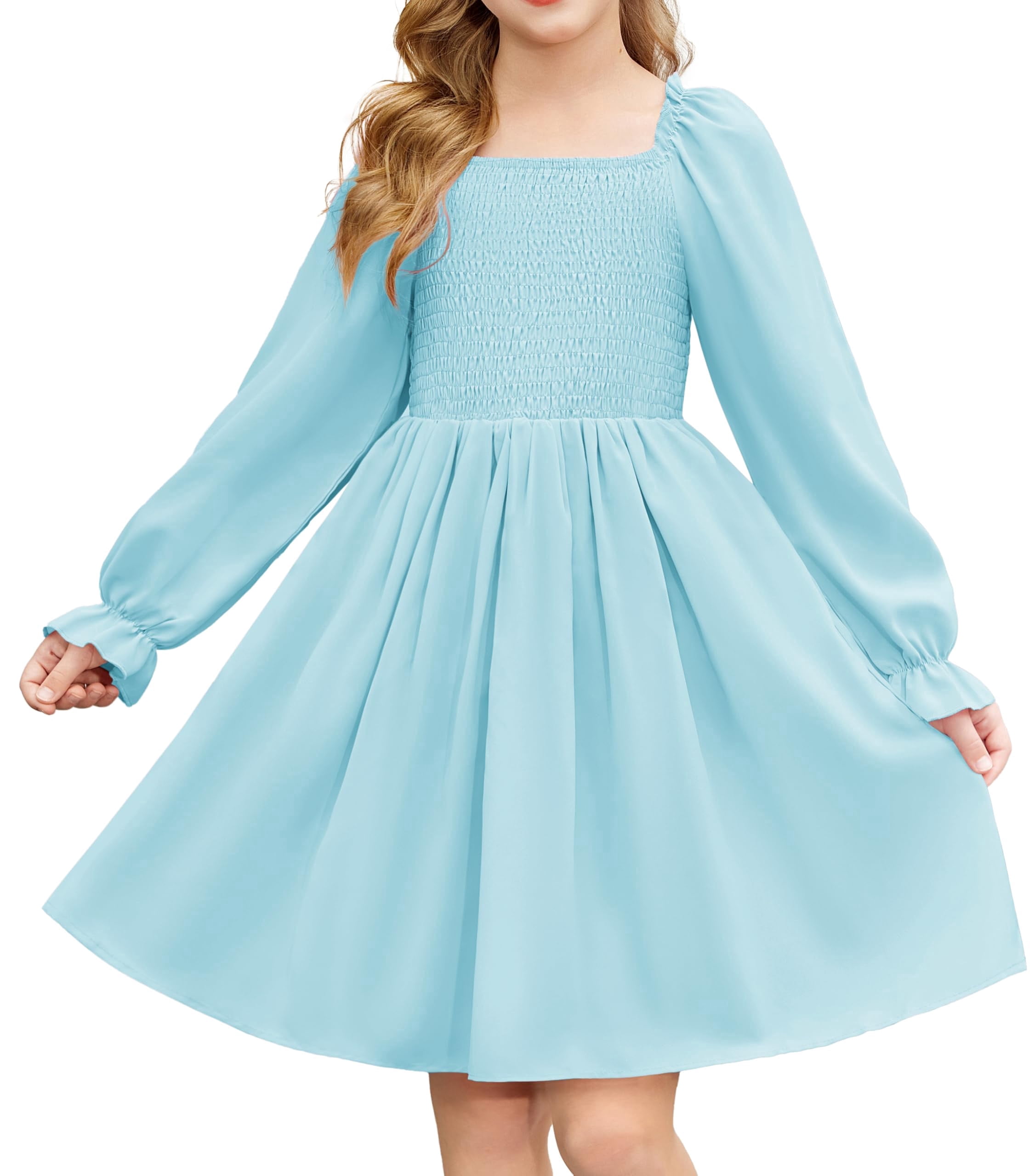 Arshiner Girls A-Line Dress Long Sleeve Smocked Skater Fall Winter ...