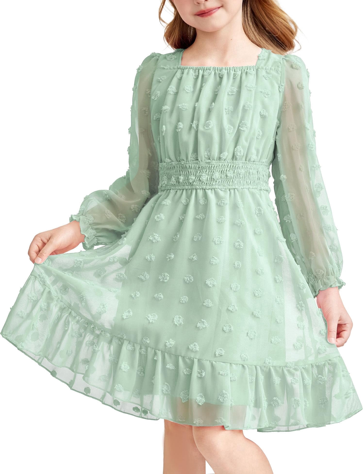 Arshiner Girls A-Line Dresses Chiffon Long Sleeve Square Neck Swiss Dot ...
