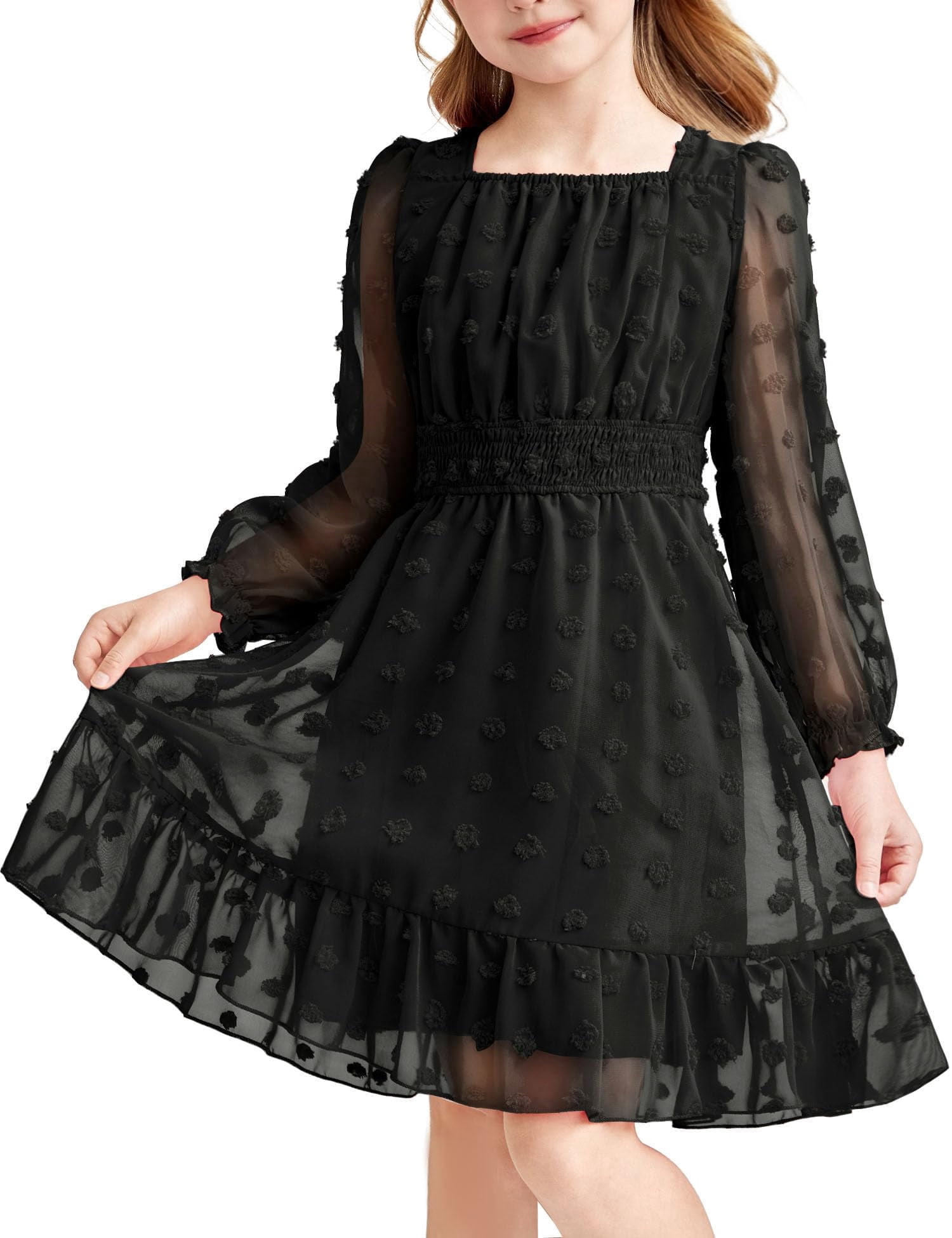 Arshiner Girls A-Line Dresses Chiffon Long Sleeve Square Neck Swiss Dot ...