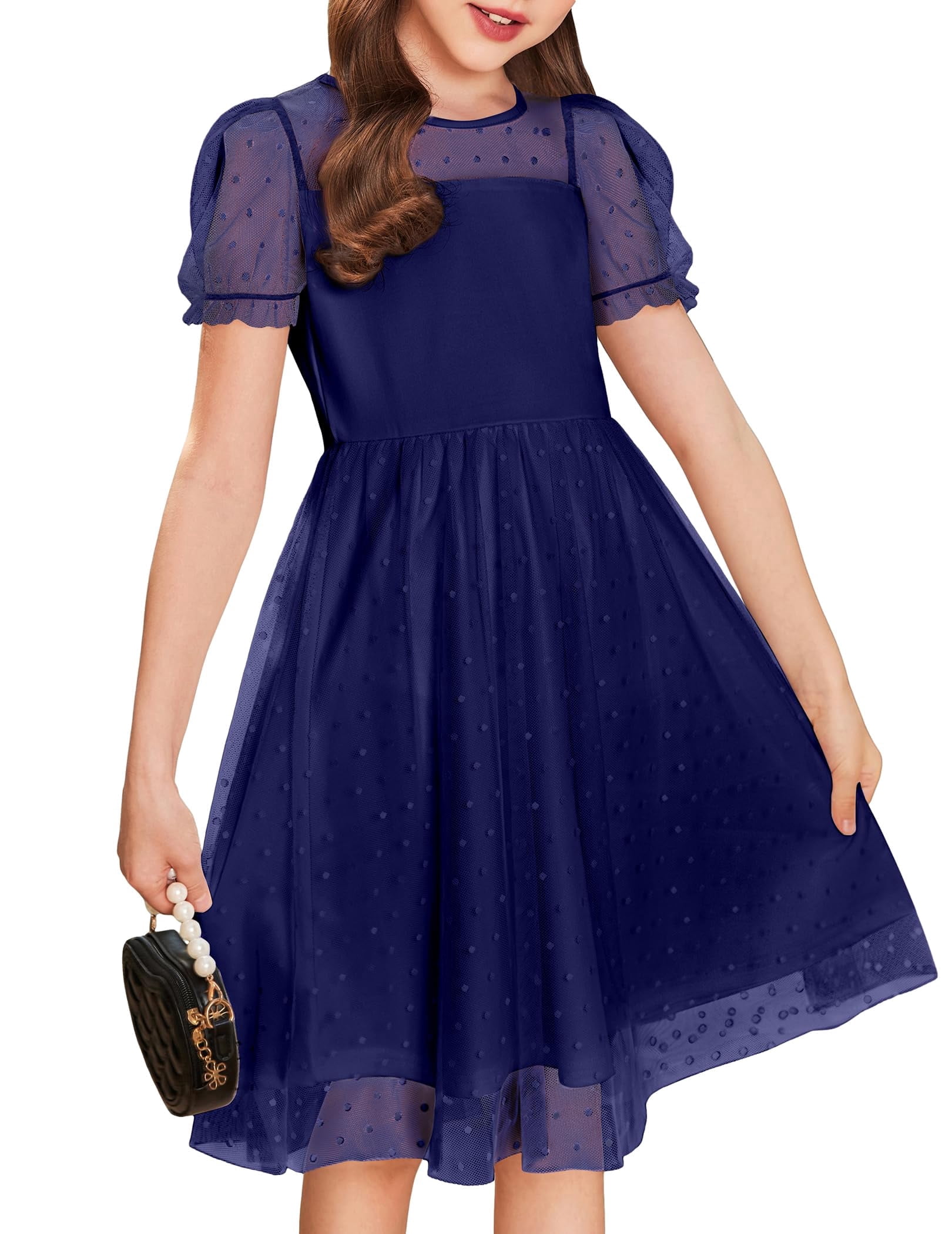 Arshiner Girls Dress Contrast Mesh Puffy Short Sleeve A Line Casual ...