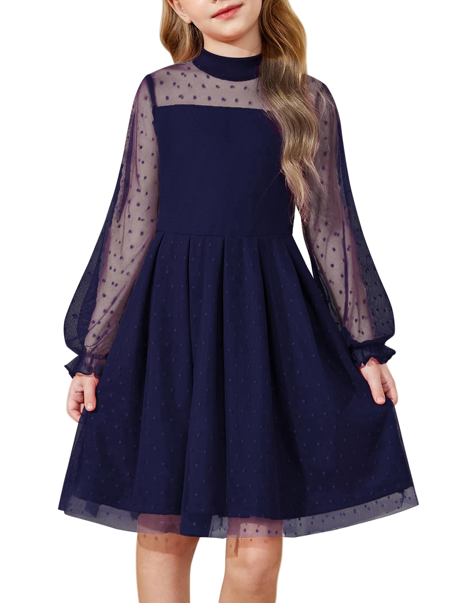Arshiner Girls Dresses Contrast Mesh Puff Long Sleeve Mock Neck Formal ...