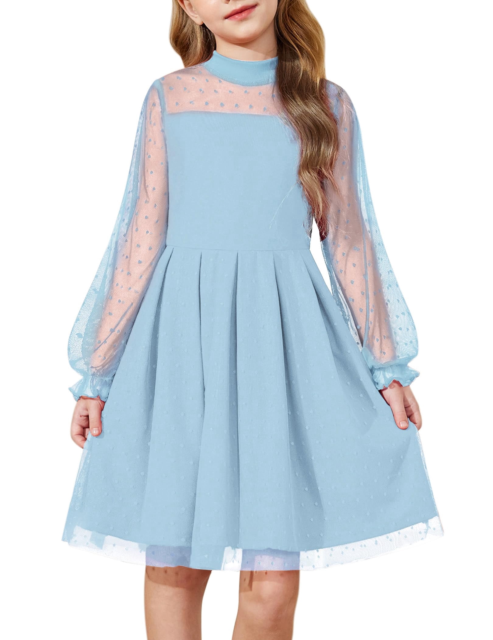 Arshiner Girls Dresses Contrast Mesh Puff Long Sleeve Mock Neck Formal ...