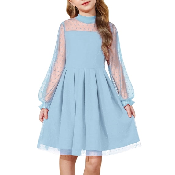 Arshiner Girls Dresses Contrast Mesh Puff Long Sleeve Mock Neck Formal ...