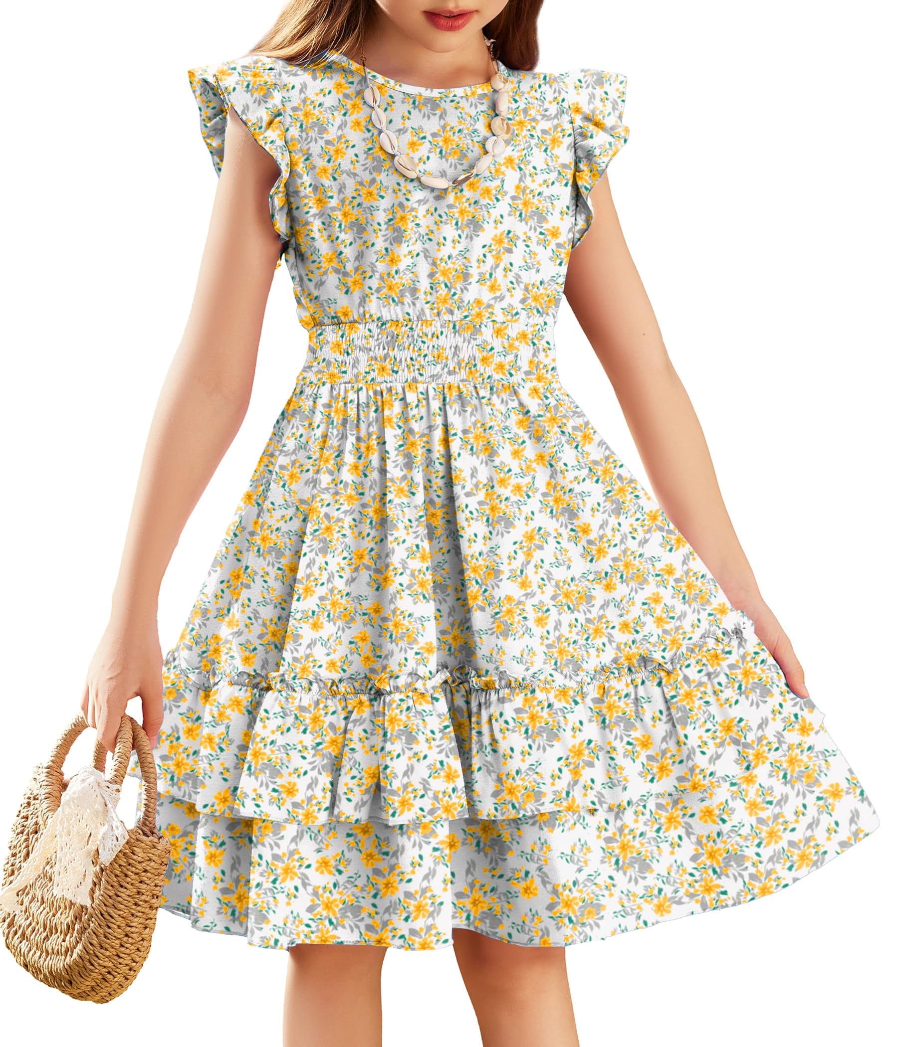 Arshiner Girls Dresses Flutter Sleeve A-Line Sundress Casual Summer ...