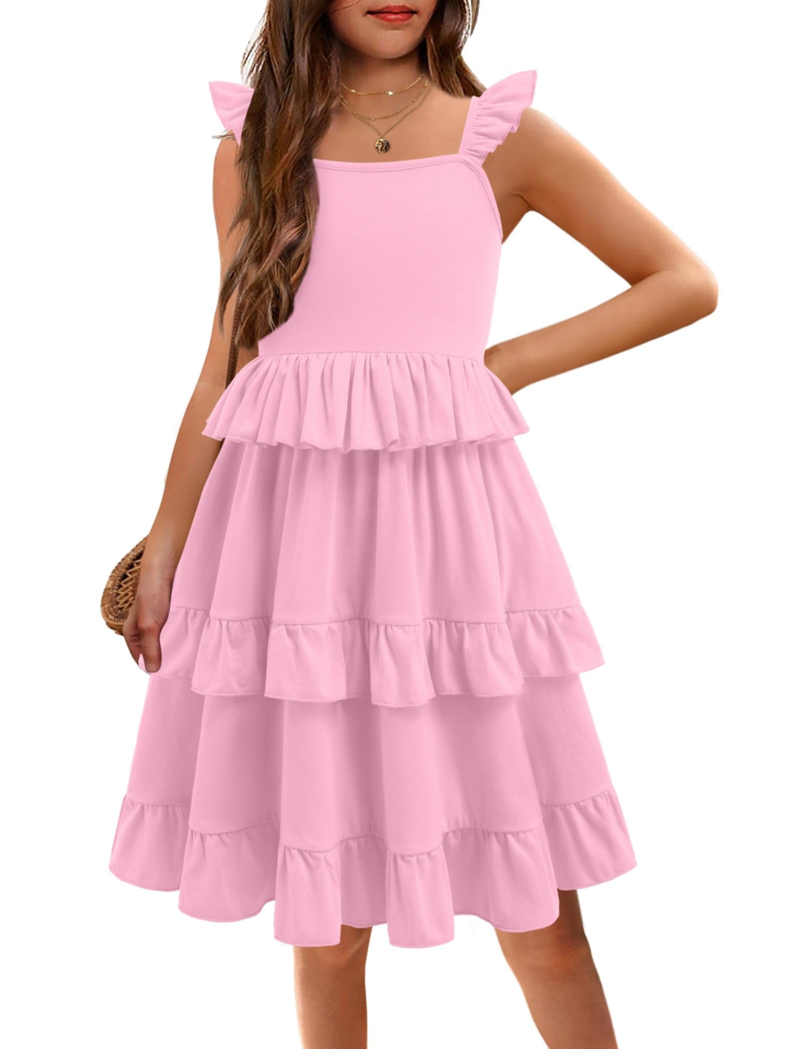 Arshiner Girls Dresses Ruffle Sleeve Tiered Casual Flowy Swing Tween ...