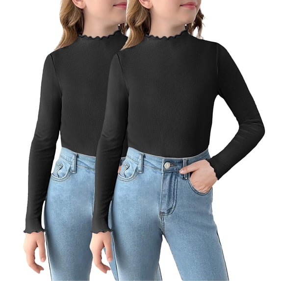 Arshiner Girls Lettuce Trim Mock Neck Long Sleeve Shirts Ribbed Knit ...