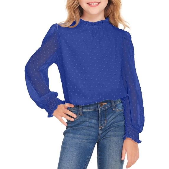 Arshiner Girls Long Sleeve Shirts Chiffon Blouses Swiss Dot Frill Neck ...