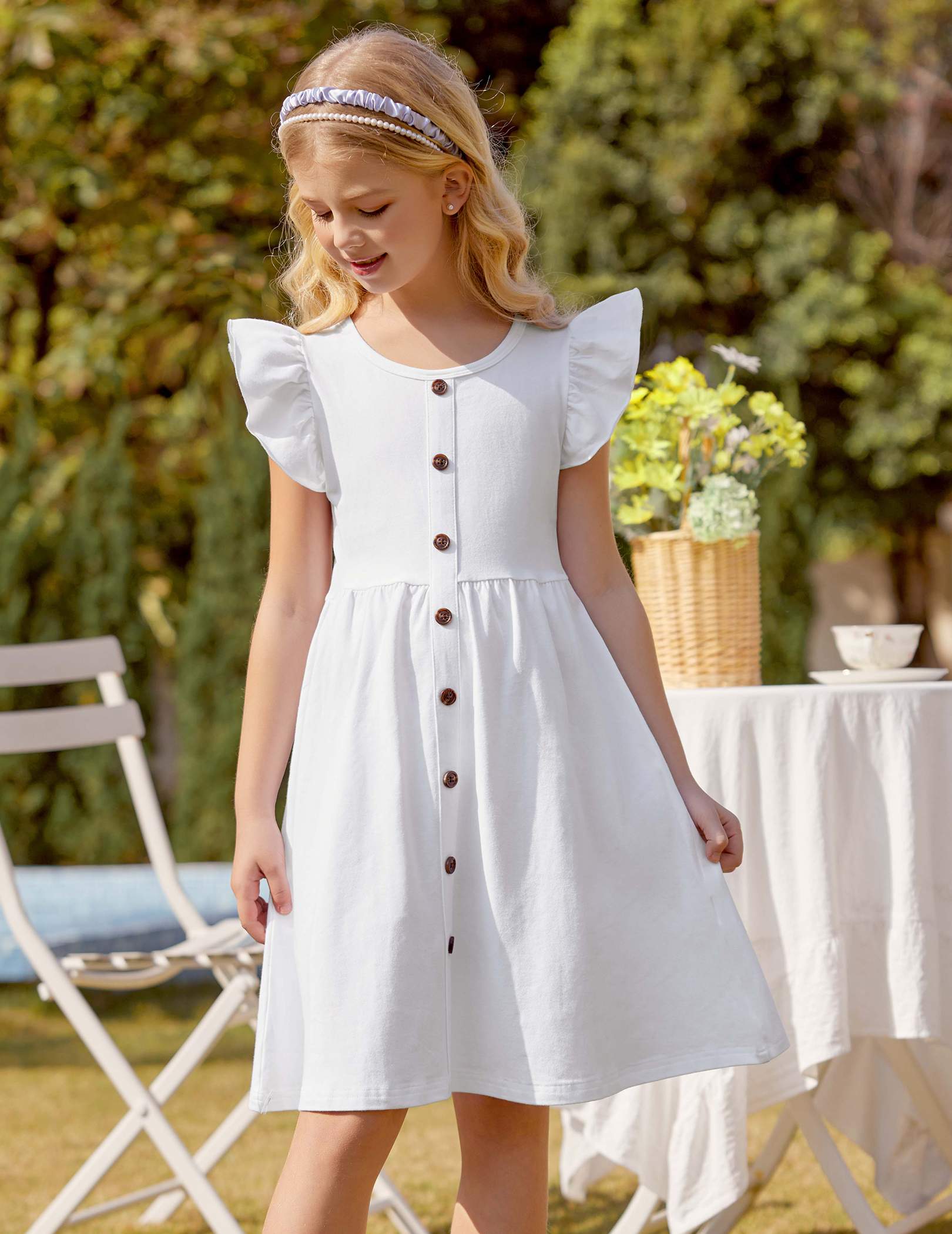 Arshiner Girls Navy Dress Casual Midi Solid Dress Flutter Sleeve ...