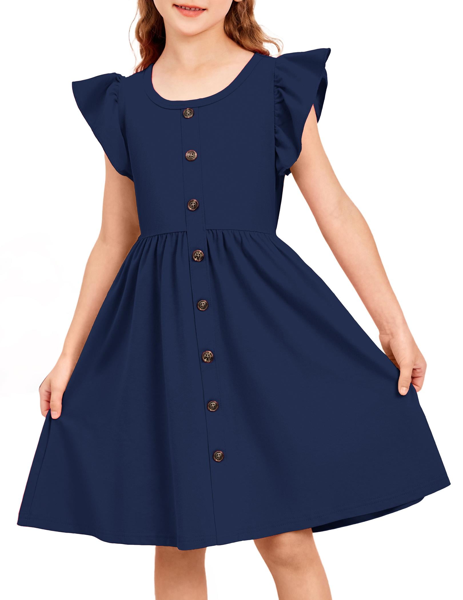 Arshiner Girls Navy Dress Casual Midi Solid Dress Flutter Sleeve ...