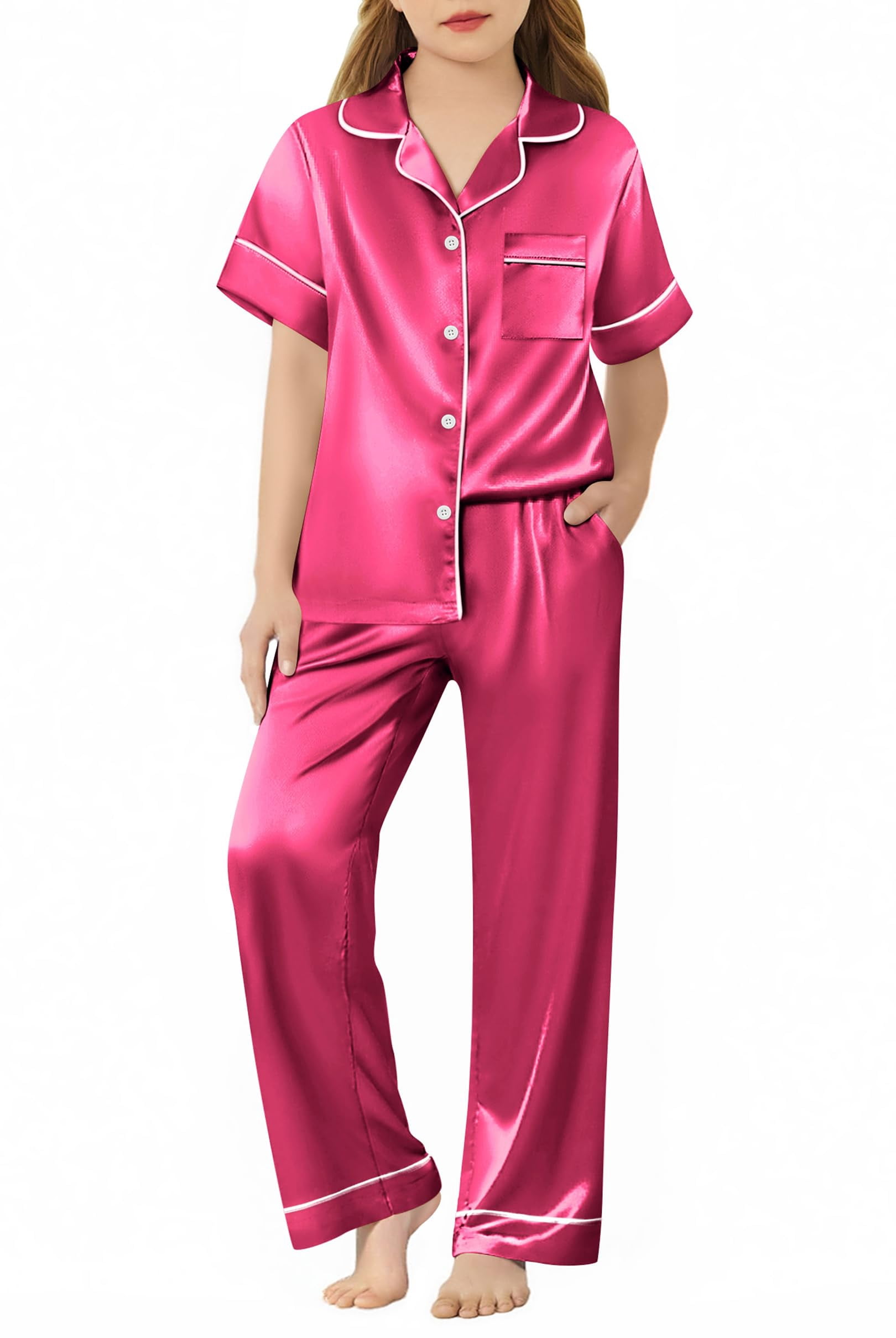 Arshiner Girls Pajamas Silk Satin Button Down Pjs 2 Piece Short Sleeve ...