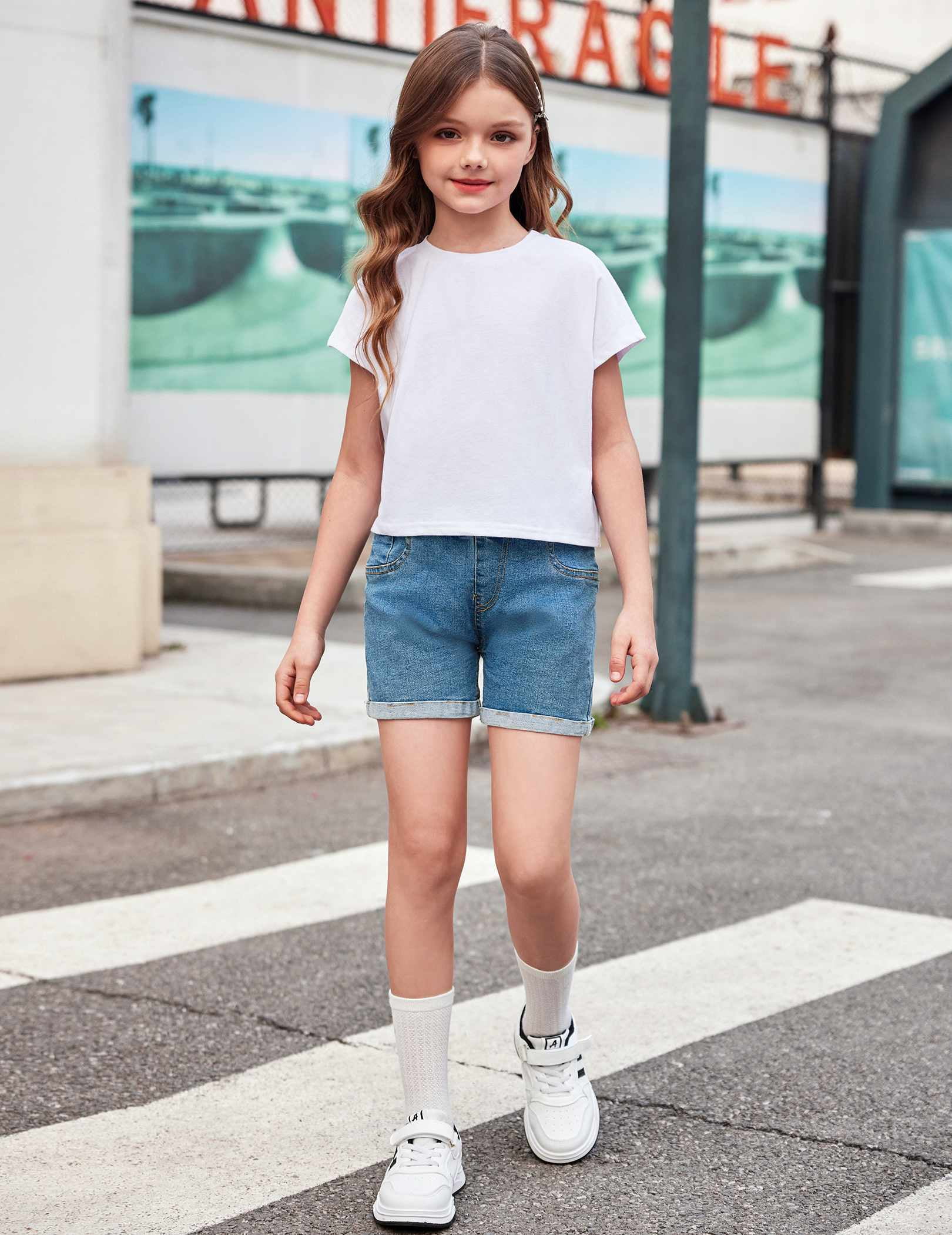 Arshiner Girls Shirt Girls Solid Roll Short Sleeve Summer Crop Tee ...