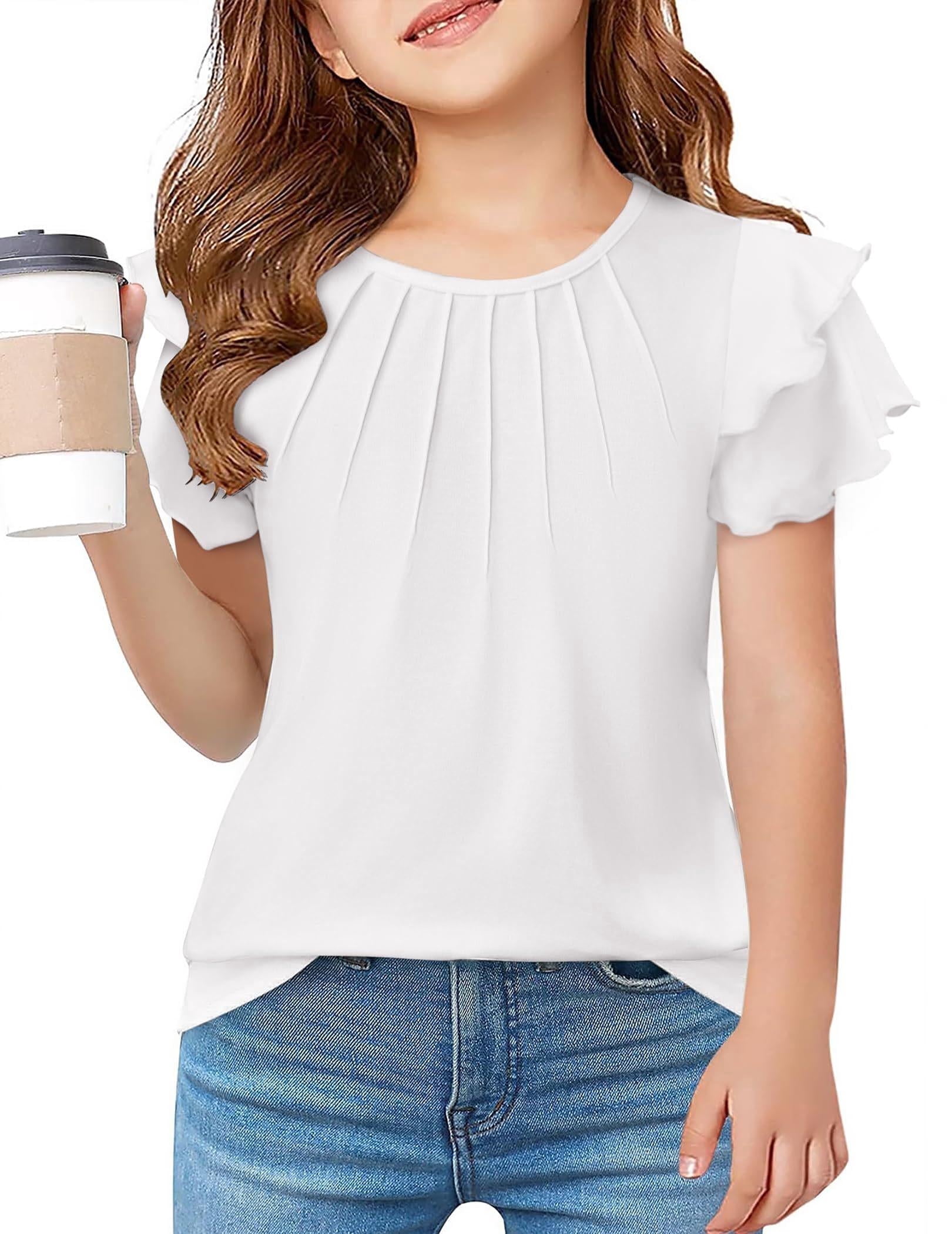 Arshiner Girls Summer Blouse Ruffle Short Sleeve Pleated Crewneck ...
