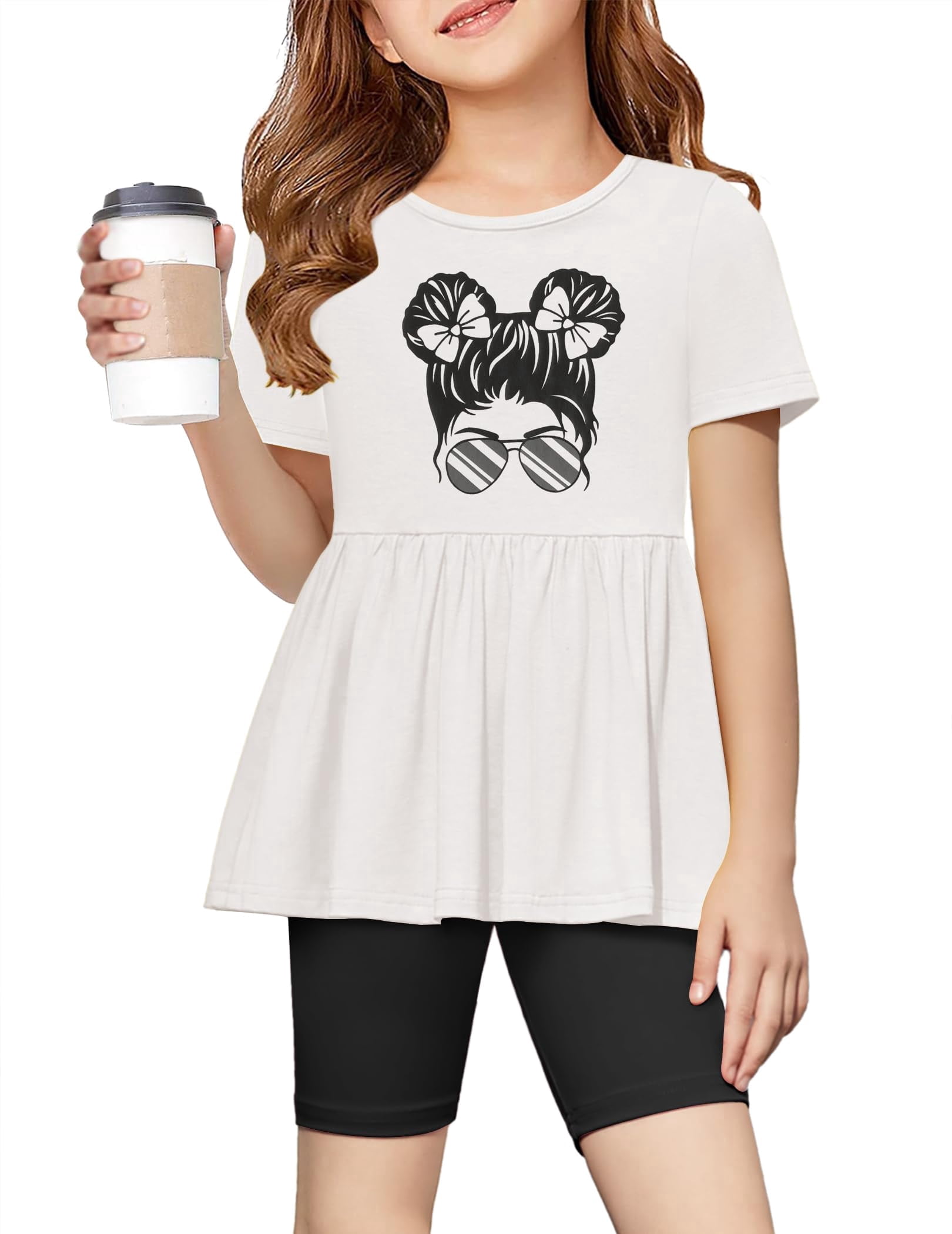 Arshiner Girls Summer Outfits Short Sleeve Ruffle Hem Top and Biker ...