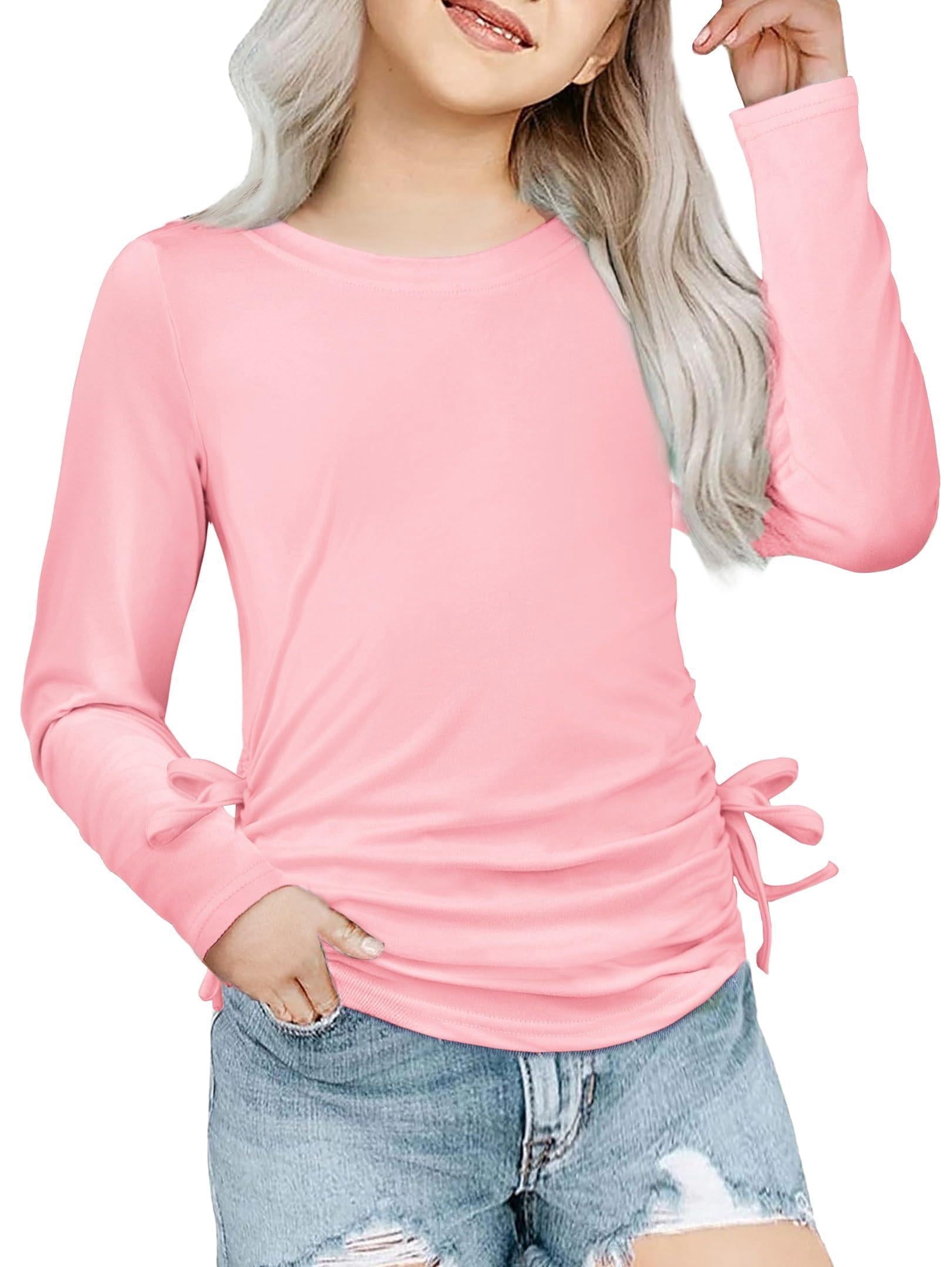 Arshiner Girls' Pink Long Sleeve Shirt with Ruched Knot Side, Pink ...