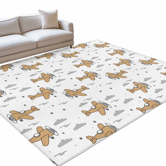 Art Aircraft 3x5ft Non Slip Area Rug Brown Cartoon Airplane Gray Clouds ...