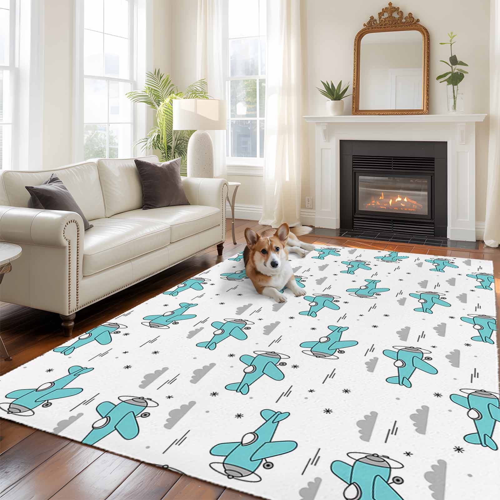Art Aircraft Area Rugs 5x7 ft Blue Cartoon Airplane Gray Clouds ...