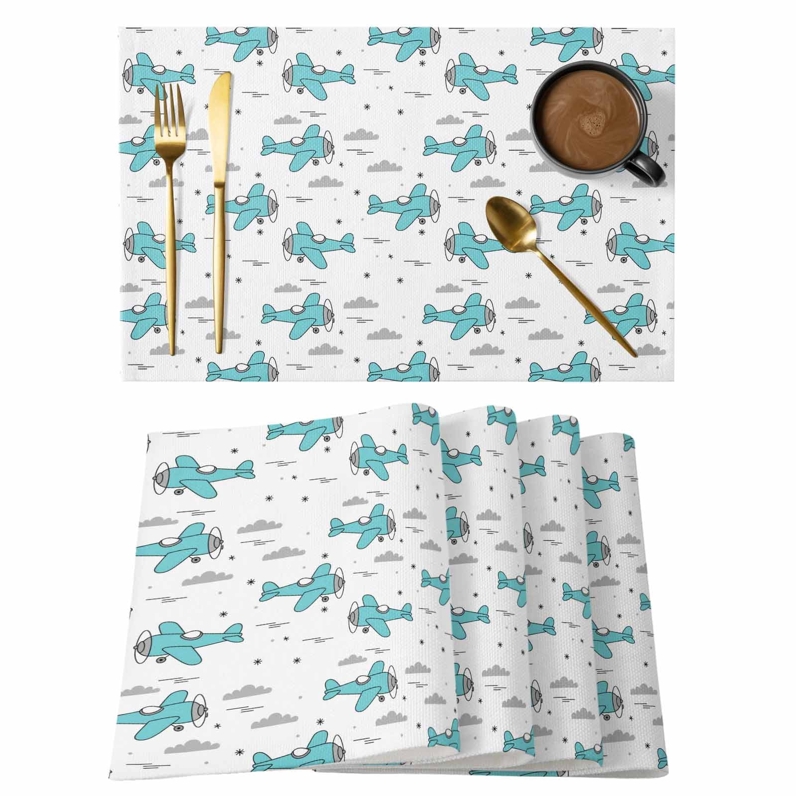 Art Aircraft Cotton Linen Placemats Set of 2, Blue Cartoon Airplane ...