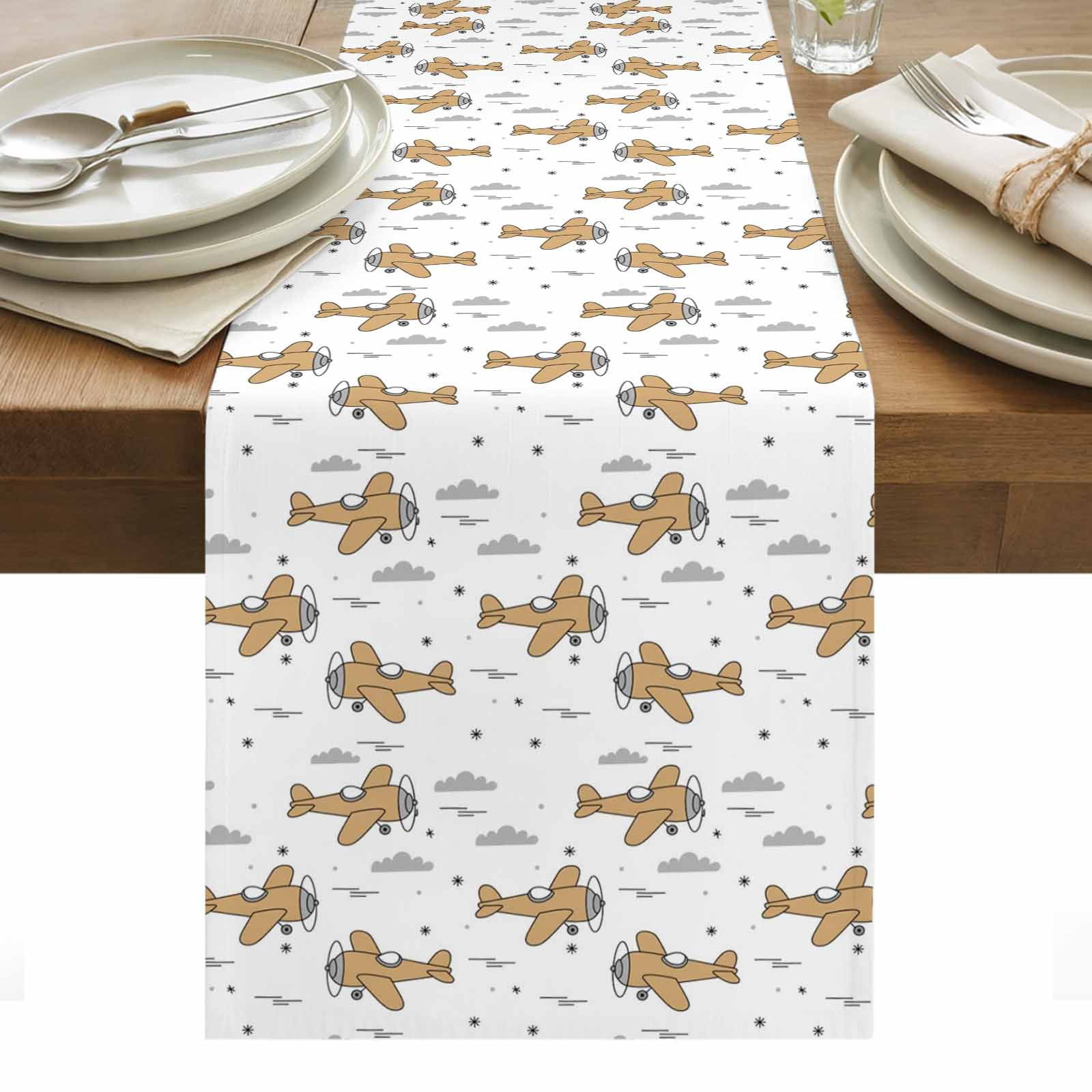 Art Aircraft Cotton Linen Table Runner Brown Cartoon Airplane Gray ...