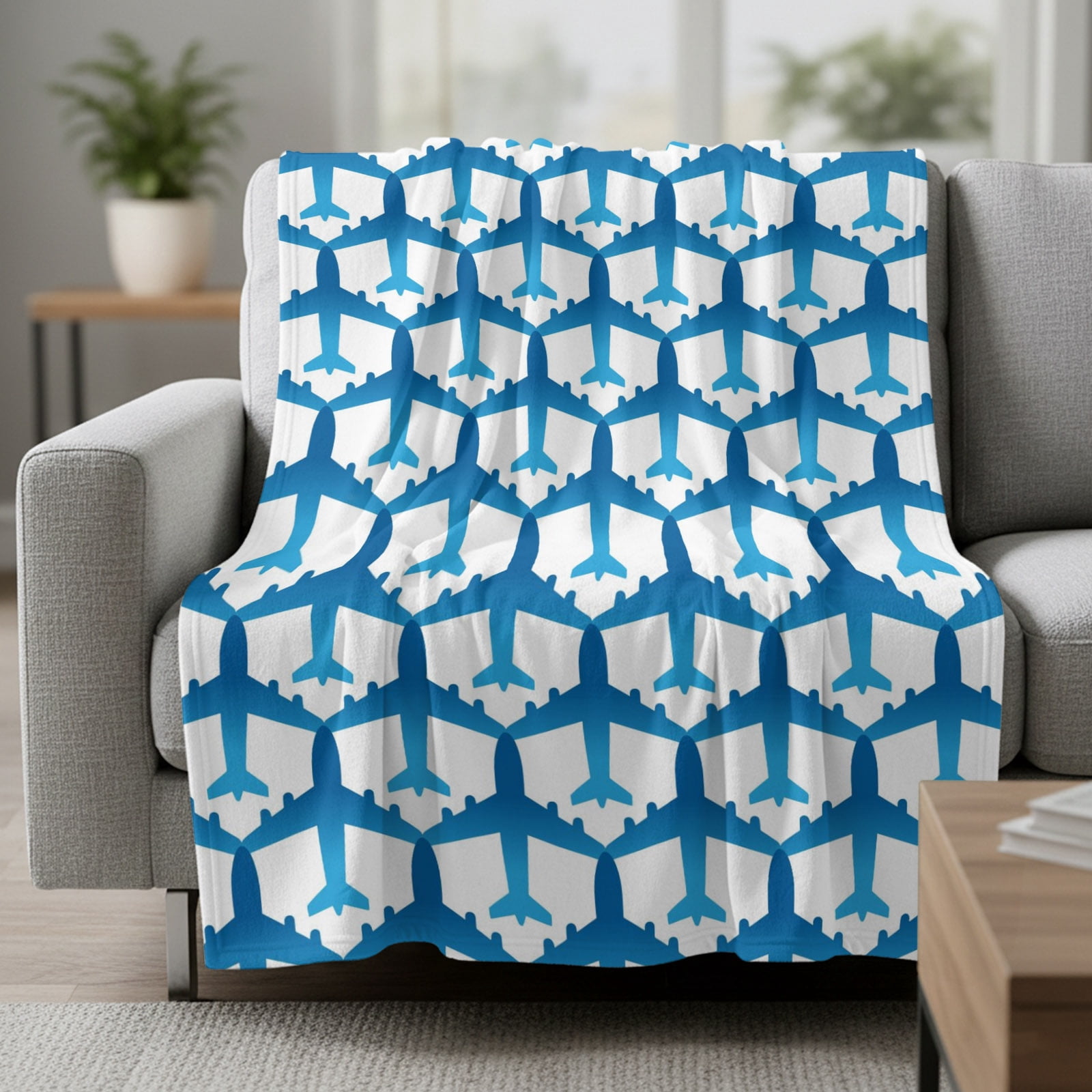 Art Aircraft Fleece Throw Blanket Blue Gradient Cartoon Airplane ...