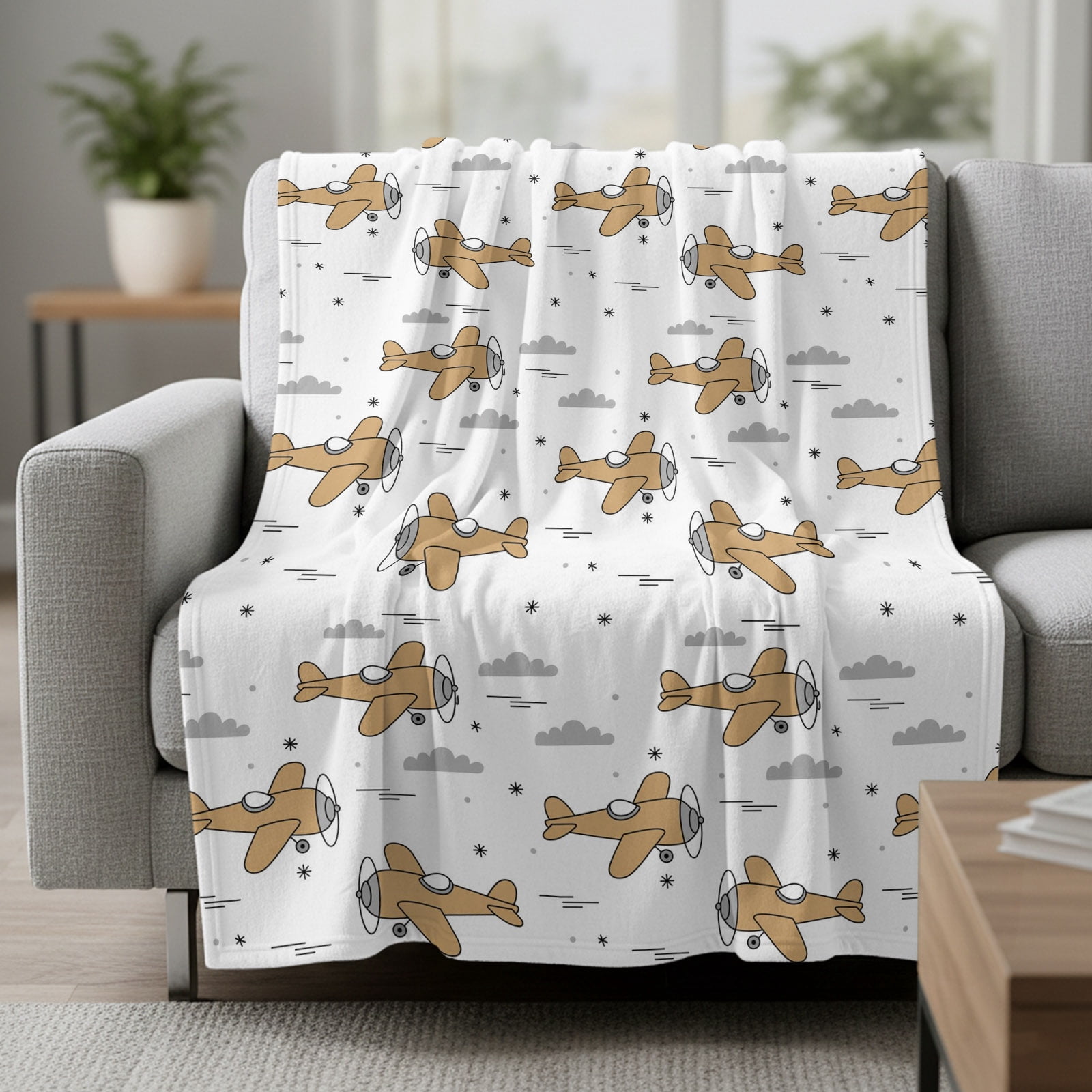 Art Aircraft Fleece Throw Blanket Brown Cartoon Airplane Gray Clouds ...