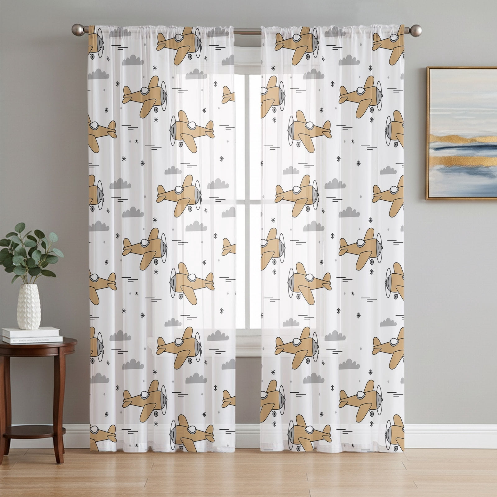 Art Aircraft Sheer Curtains for Living Room Bedroom, Brown Cartoon ...