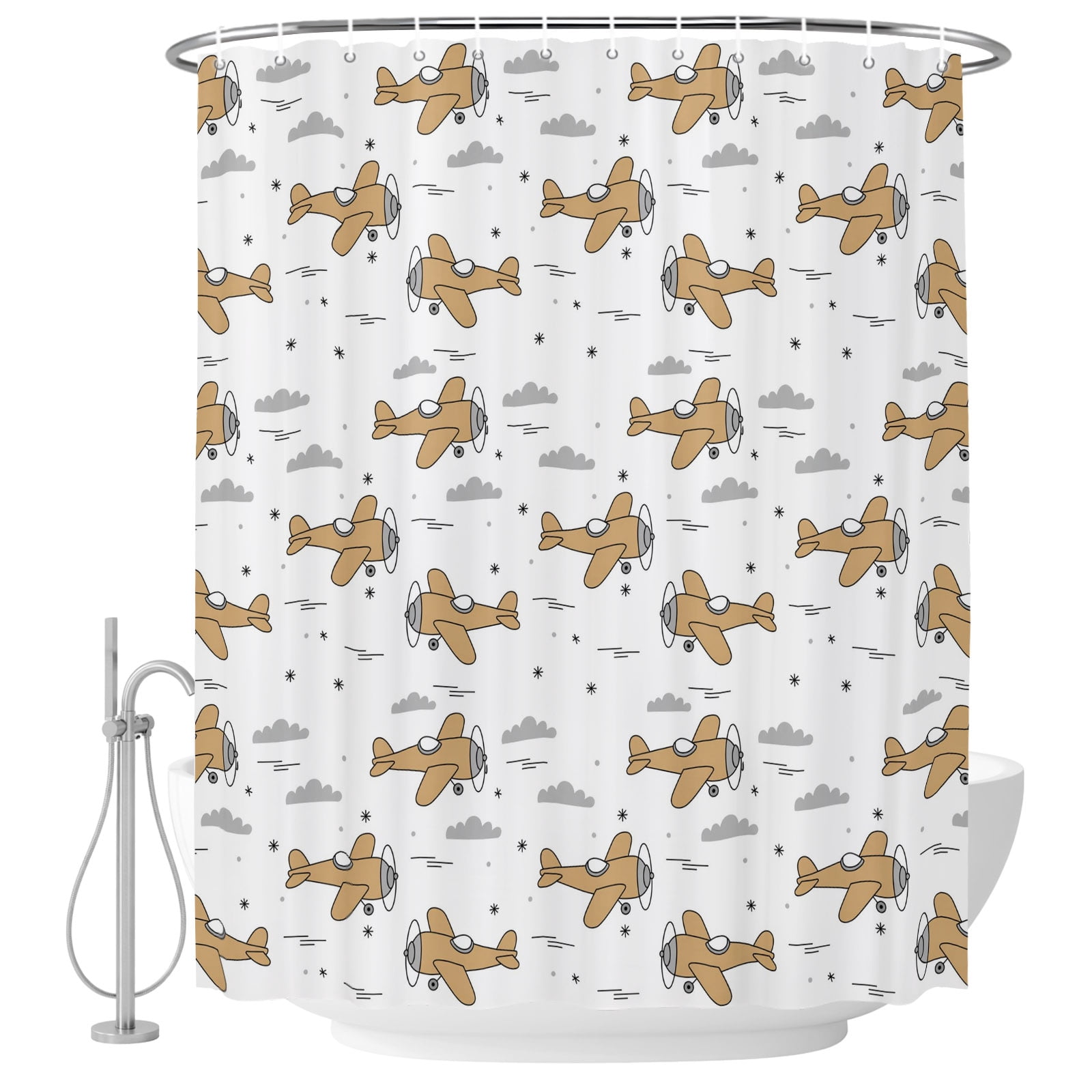Art Aircraft Shower Curtain for Bathroom, Brown Cartoon Airplane Gray ...
