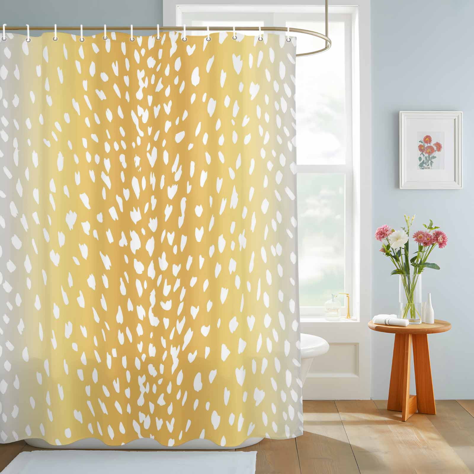 Art Amber Gold Shower Curtain, Vintage White Polka Dots Yellow Ombre ...