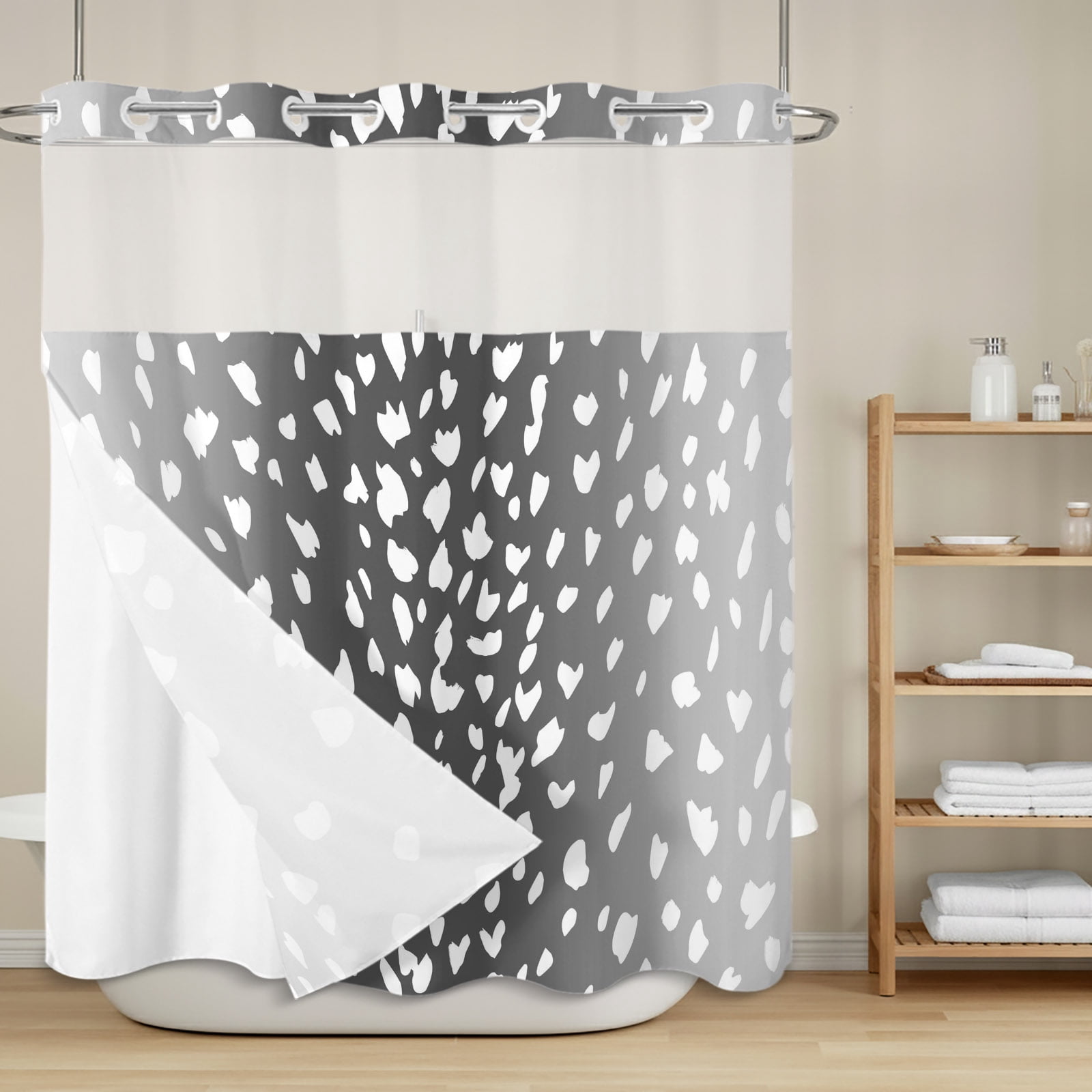Art Ash Gray No Hook Shower Curtain with Snap in Liner, Vintage White ...