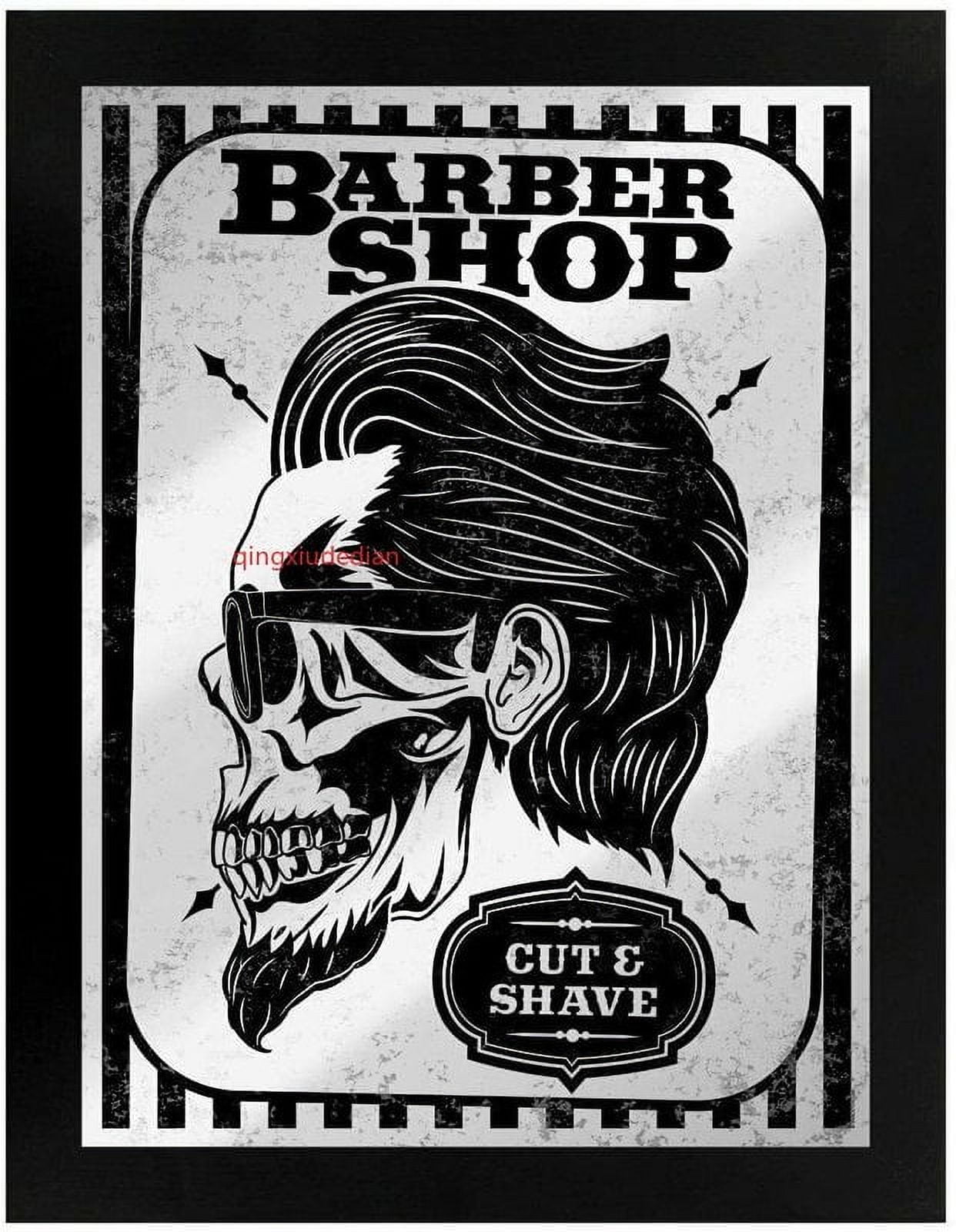 Art Barber Shop Cut & Shave Mirrored Tin Sign, Skull, Death, Hair Beard ...