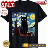 Art Black Cat Painting Artist Van Gogh Starry Night T-Shirt - Walmart.com