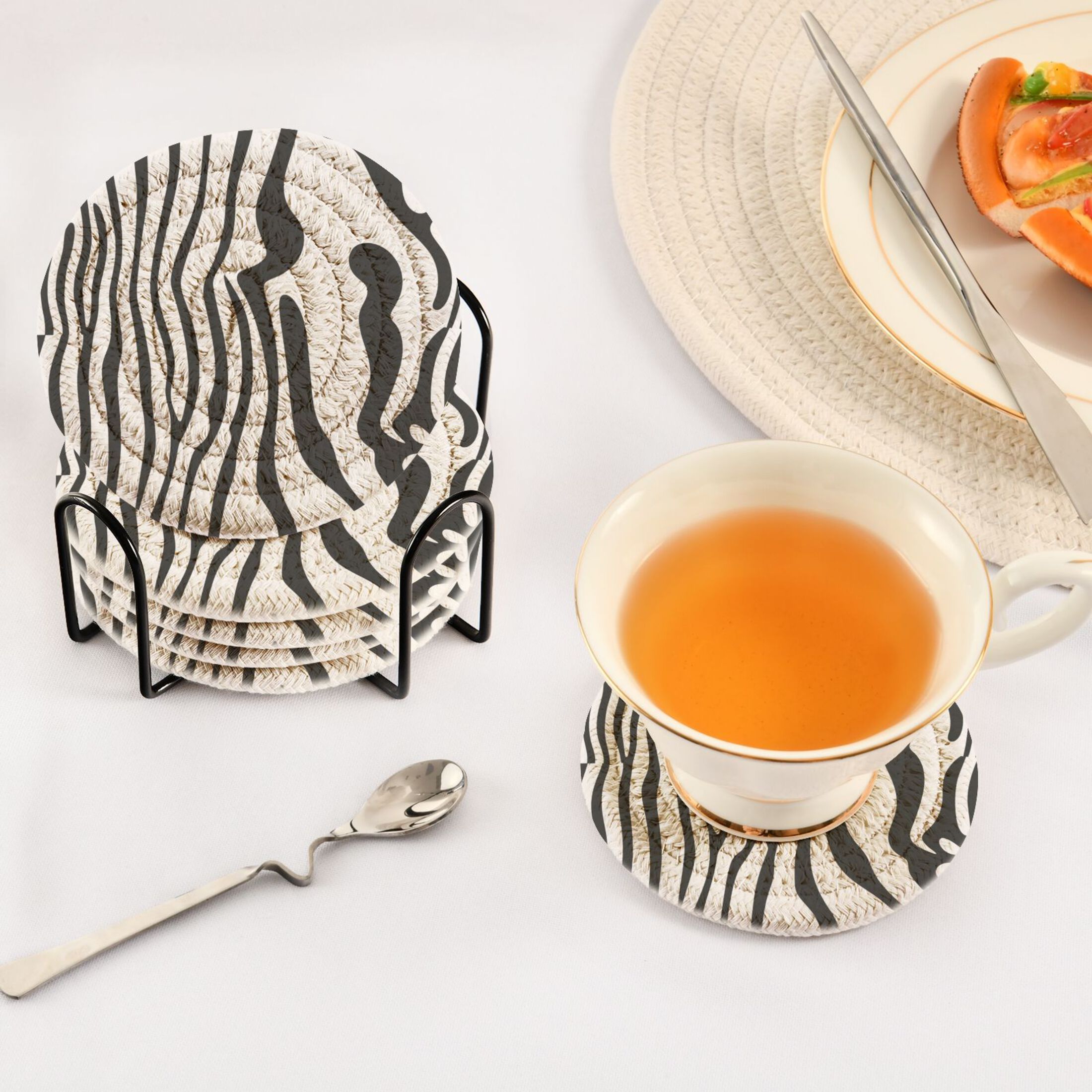 Art Black and White Pattern Set of 6 Durable Woven Polyester Coasters ...