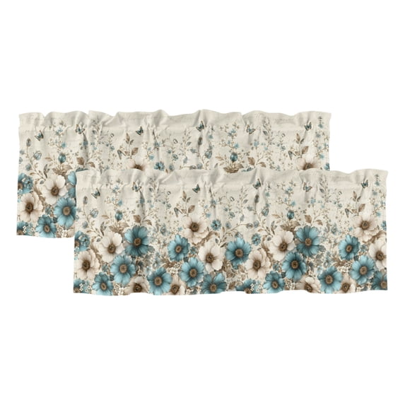 Art Botanical 2 Panels Kitchen Valance, Teal Beige Floral Blue ...