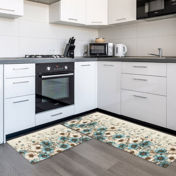 Art Botanical 2 Pieces Non-Slip Kitchen Mat Set, Teal Beige Floral Blue ...