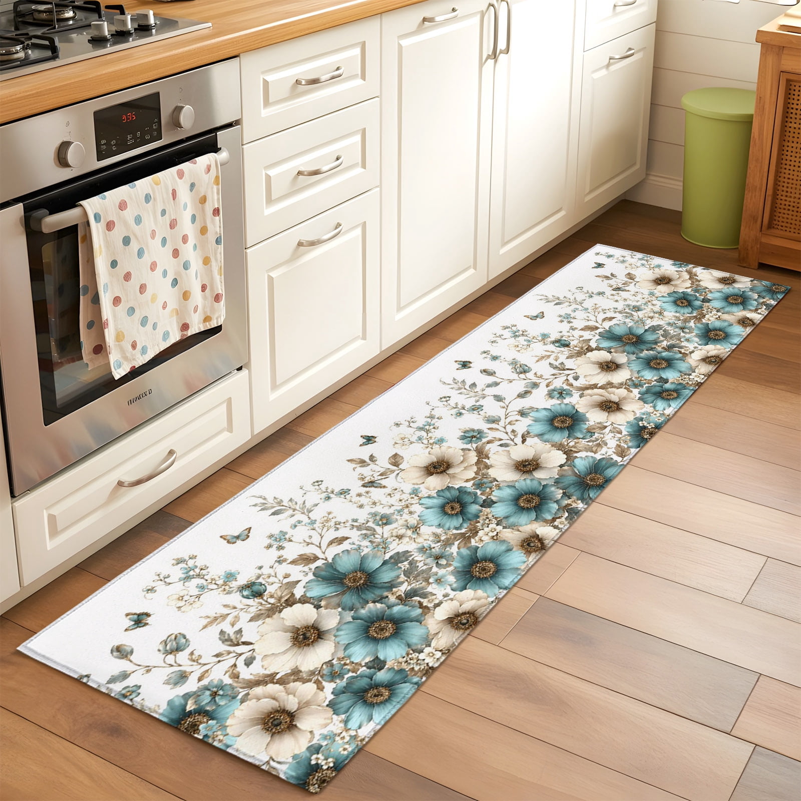 Art Botanical 2x6 Hallway Washable Runner Rug Teal Beige Floral Blue ...