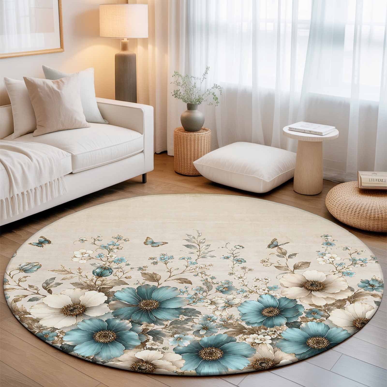 Art Botanical 3.3' Round Rug for Bedroom Reading Corner, Teal Beige ...